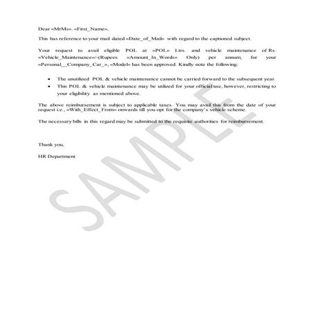 Allowances pol and vehicle maintenance letter to company employee | DOCX