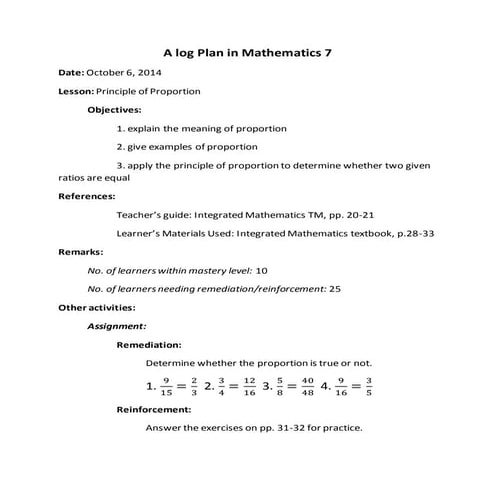 A log plan in mathematics 7 | DOCX