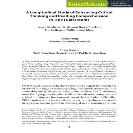 A Longitudinal Study Of Enhancing Critical Thinking And Reading Comprehension In Title I ...