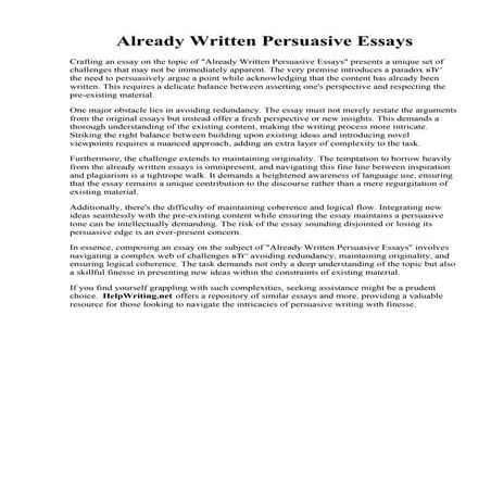 Already Written Persuasive Essays. Persuasive Essay Examples Preview | PDF