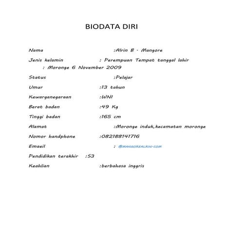 Biodata data diri lengkap kelas delapan 1 | DOCX