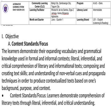 Sample Lesson Plan for ALS p Learning Strand 1-English for A and E ...