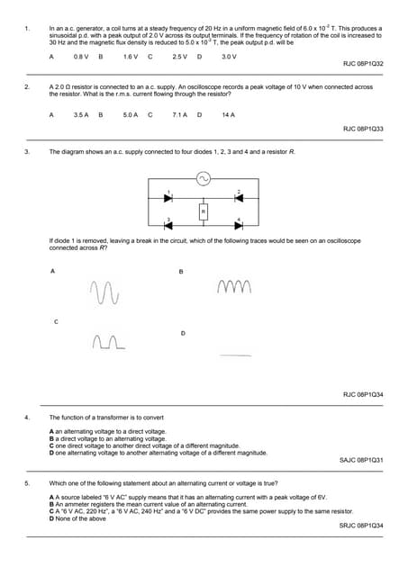 J2 Physics 2008 prelim solutions Alternating current | PDF