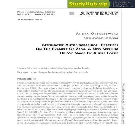 Alternative Autobiographical Practices On The Example Of Zami. A New ...