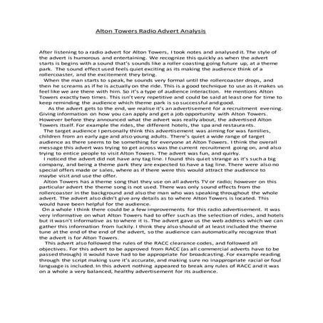 Alton towers radio advert analysis | DOCX
