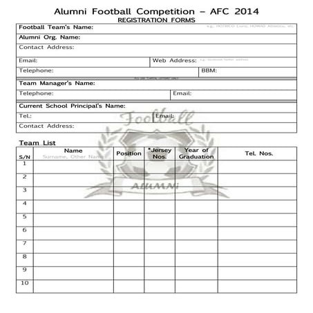 Alumni Football Competition Registration Form - 2014 | PDF