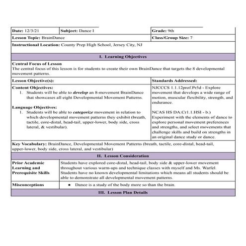 BrainDance Lesson | PDF