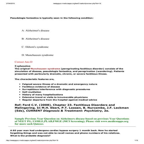 Alzheimers disease sample questions based on neet pg , usmle, plab and ...