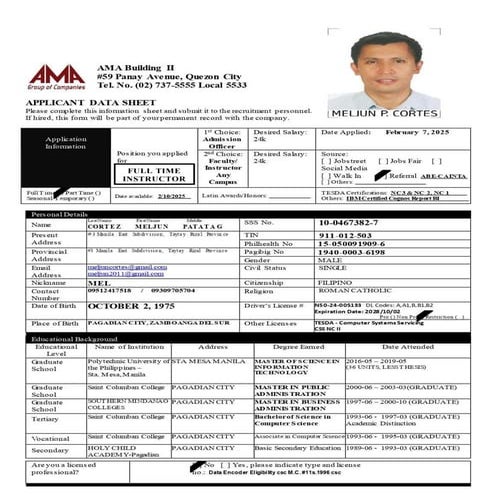 AMA Education System APPLICATION DATA FORM 2025 for New Hired | PDF