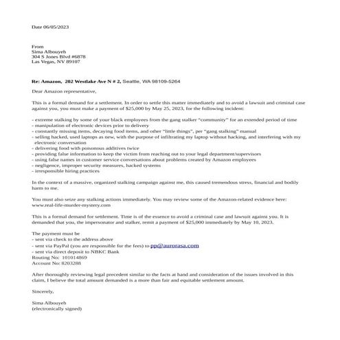 Request for Settlement to Amazon | PDF