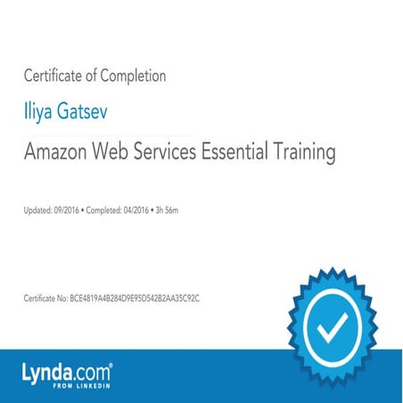 Iliya Gatsev Amazon Web Services Essential Training Year 2016 Ppt