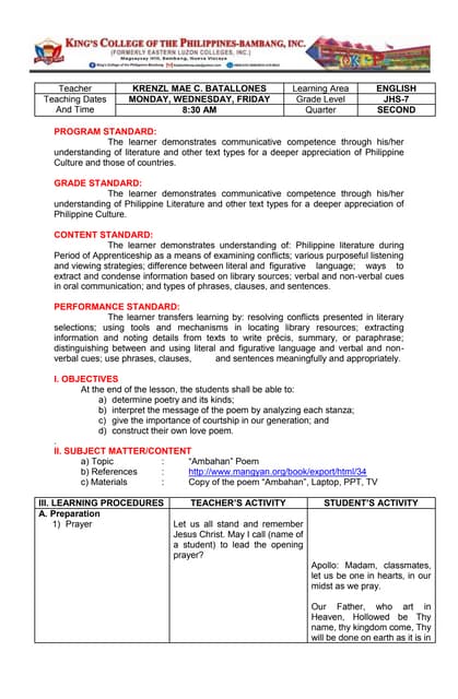 Detailed: Lesson plan in literature for grade 7 students | DOCX