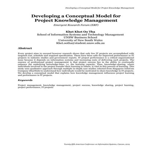 Developing a Conceptual Model for Project Knowledge Management | PDF