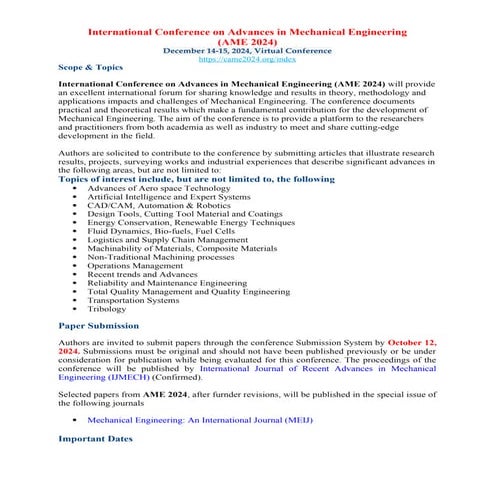 International Conference on Advances in Mechanical Engineering (AME 2024) | PDF