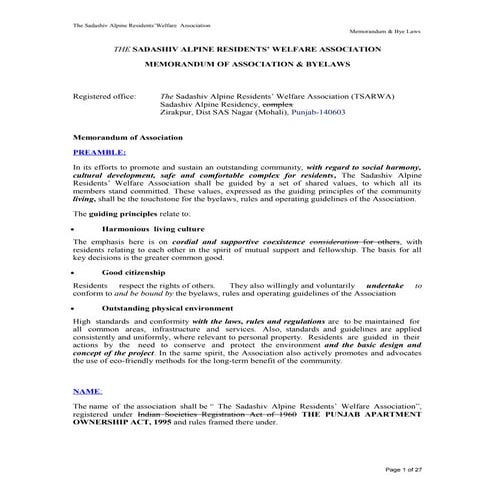 Apartment Association Byelaws Template | DOC