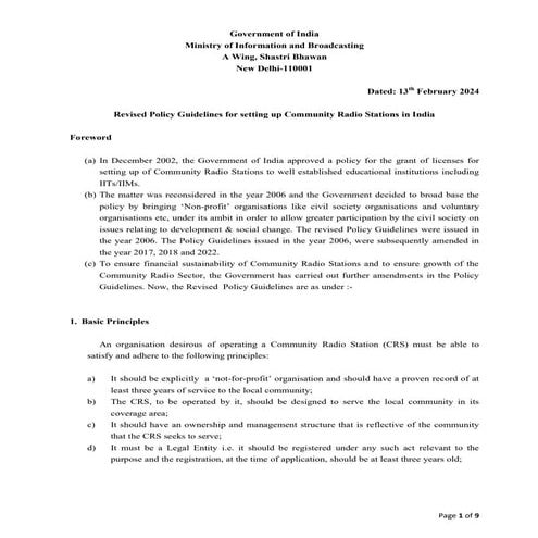 Revised Policy Guidelines for setting up Community Radio Stations in ...