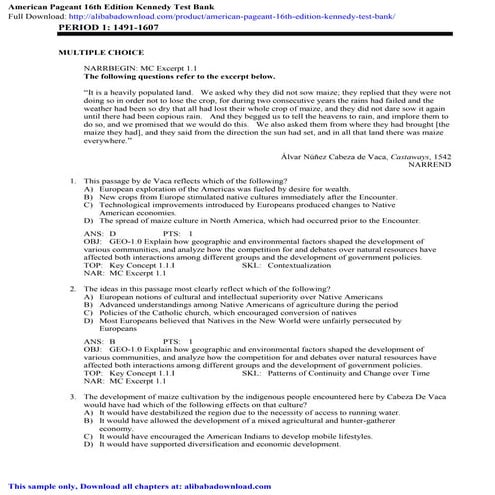American Pageant 16th Edition Kennedy Test Bank | PDF