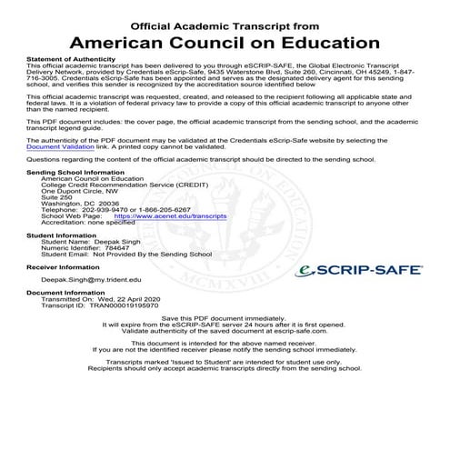 American Council on Education Transcript of Deepak (Danny) Singh | PDF ...
