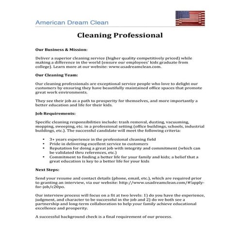 American Dream Clean - Cleaning Professional - Job Description | PDF