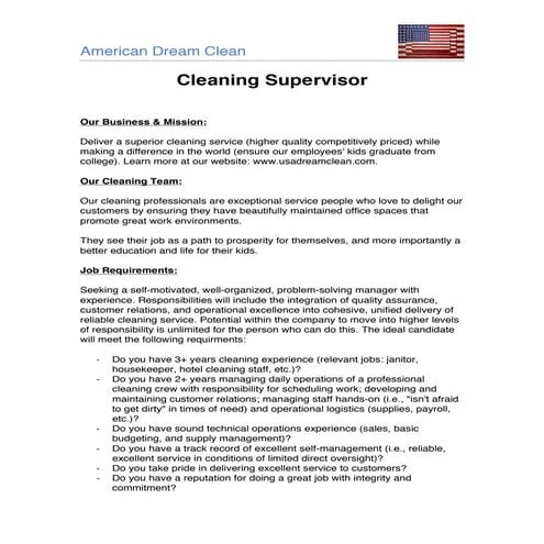 American Dream Clean - Supervisor Job Description | PDF