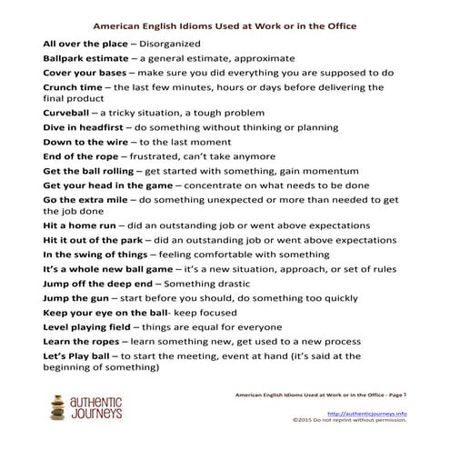 American English Idioms Used at Work (Sports and other Phrases) | PDF