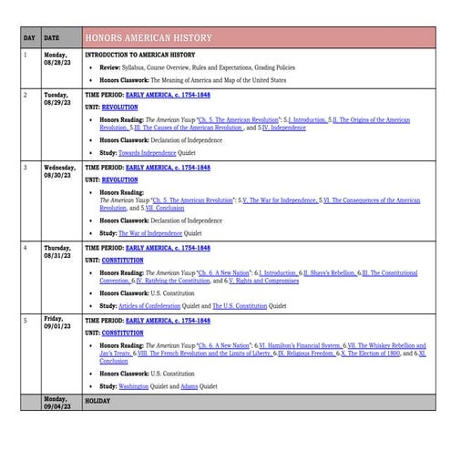 American History Fall 2023 Schedule - Honors.pdf