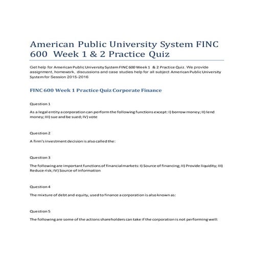 American public university system finc 600 week 1 & 2 practice quiz | DOCX