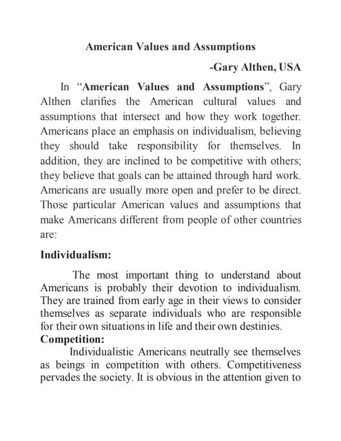 American values and assumptions1 | DOCX | Family and Relationships