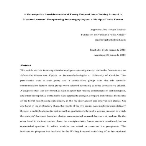 A Metacognitive Based Instructional Theory Proposal Into A Writing Protocol To Measure Learners