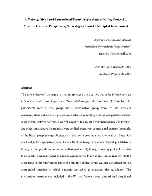 A Metacognitive Based Instructional Theory Proposal Into A Writing Protocol To Measure Learners