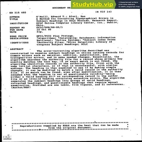 A Method For Correcting Typographical Errors In Subject Headings In OCLC Records. Research ...