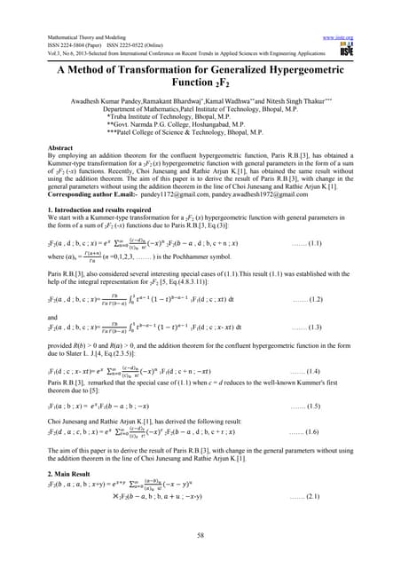 A Method Of Transformation For Generalized Hypergeometric Function 2 F2 Pdf