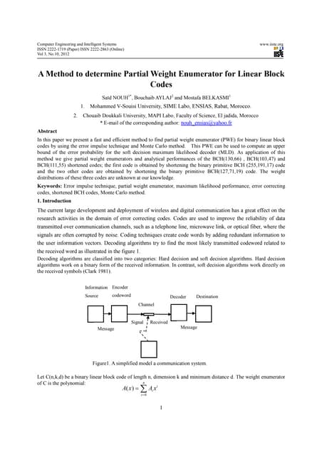 A Method To Determine Partial Weight Enumerator For Linear Block Codes Pdf