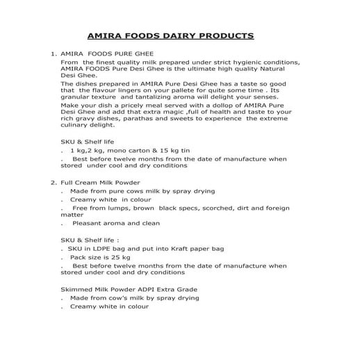 Amira foods dairy products | DOCX