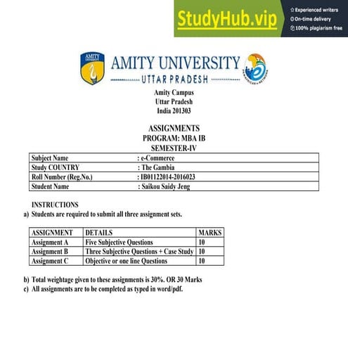 Amity Campus Uttar Pradesh India 201303 ASSIGNMENTS PROGRAM MBA IB ...