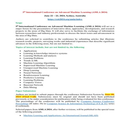 5th International Conference on Advanced Machine Learning (AMLA 2024) | PDF