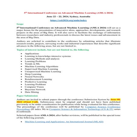 5th International Conference on Advanced Machine Learning (AMLA 2024) | PDF