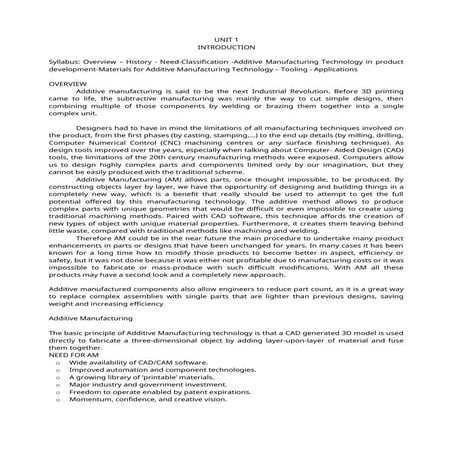 1Additive Manufacturing Unit I Notes for | DOCX