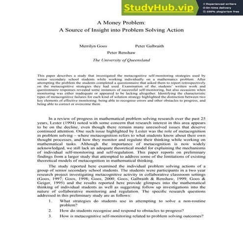 A Money Problem A Source Of Insight Into Problem Solving Action | PDF | Educational Assessment ...