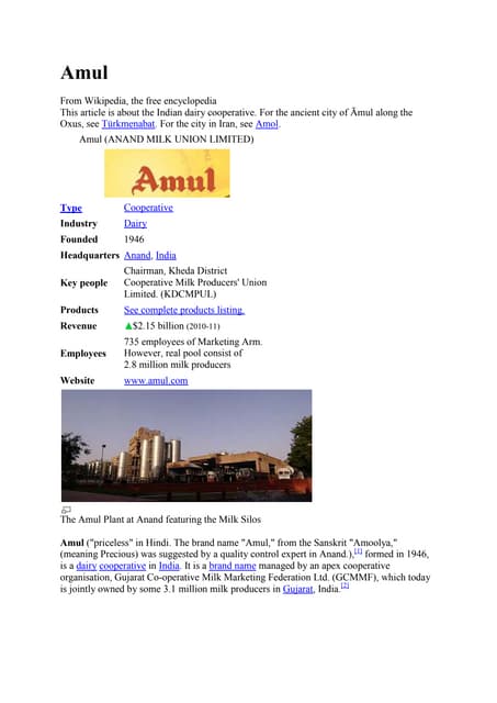 amul. introduction and history | DOCX | Agriculture | Industries