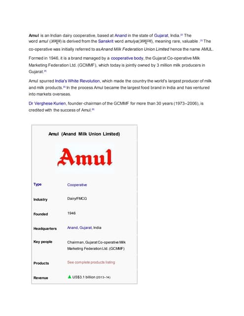 amul. introduction and history | DOCX | Agriculture | Industries