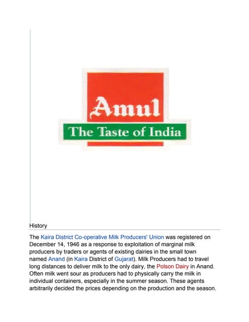 amul. introduction and history | DOCX | Agriculture | Industries