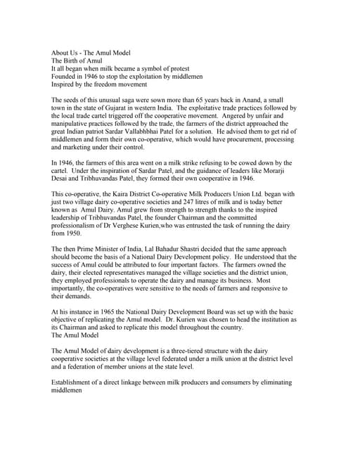 amul. introduction and history | DOCX | Agriculture | Industries