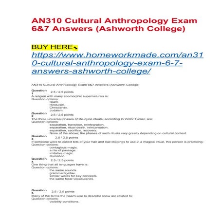 An310 cultural anthropology exam 6&7 answers (ashworth college) | PDF