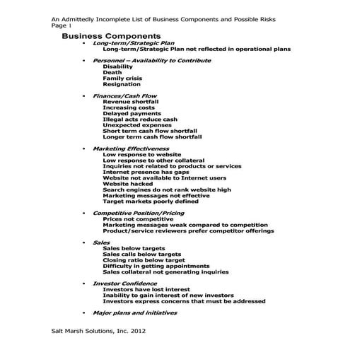An admittedly incomplete list of business components and possible risks ...