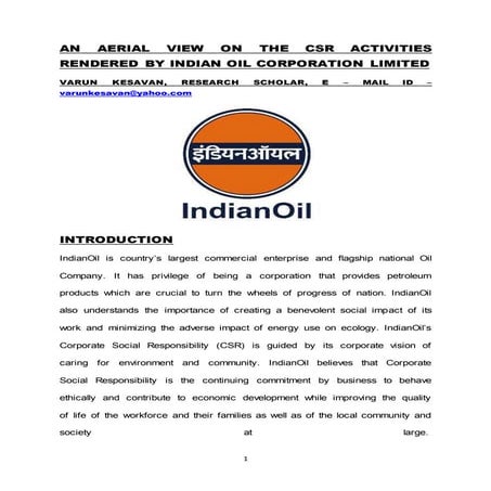 AN AERIAL VIEW ON THE CSR ACTIVITIES RENDERED BY INDIAN OIL CORPORATION ...