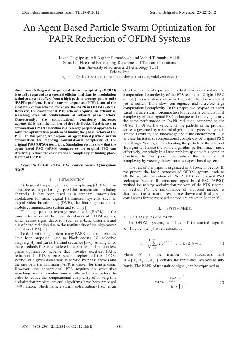 An Agent Based Particle Swarm Optimization For Papr Reduction Of Ofdm…
