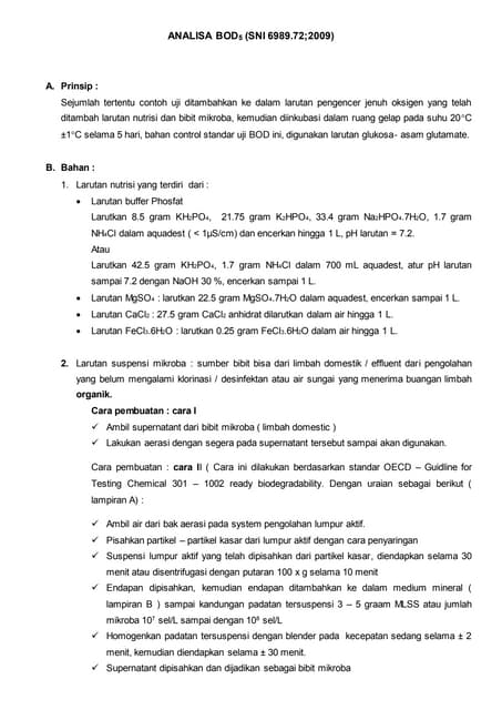 SNI 6989.72:2009 tentang Air dan Air Limbah - Bagian 72: Cara Uji Kebutuhan Oksigen Biokimia ...