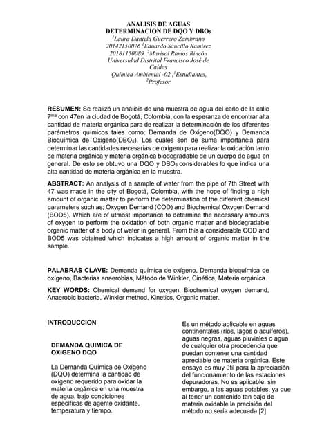 Demanda Bioquímica de oxígeno (DBO5) | PPT