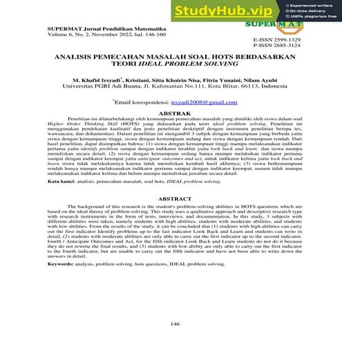 Analisis Pemecahan Masalah Soal HOTS Berdasarkan Teori Ideal Problem ...